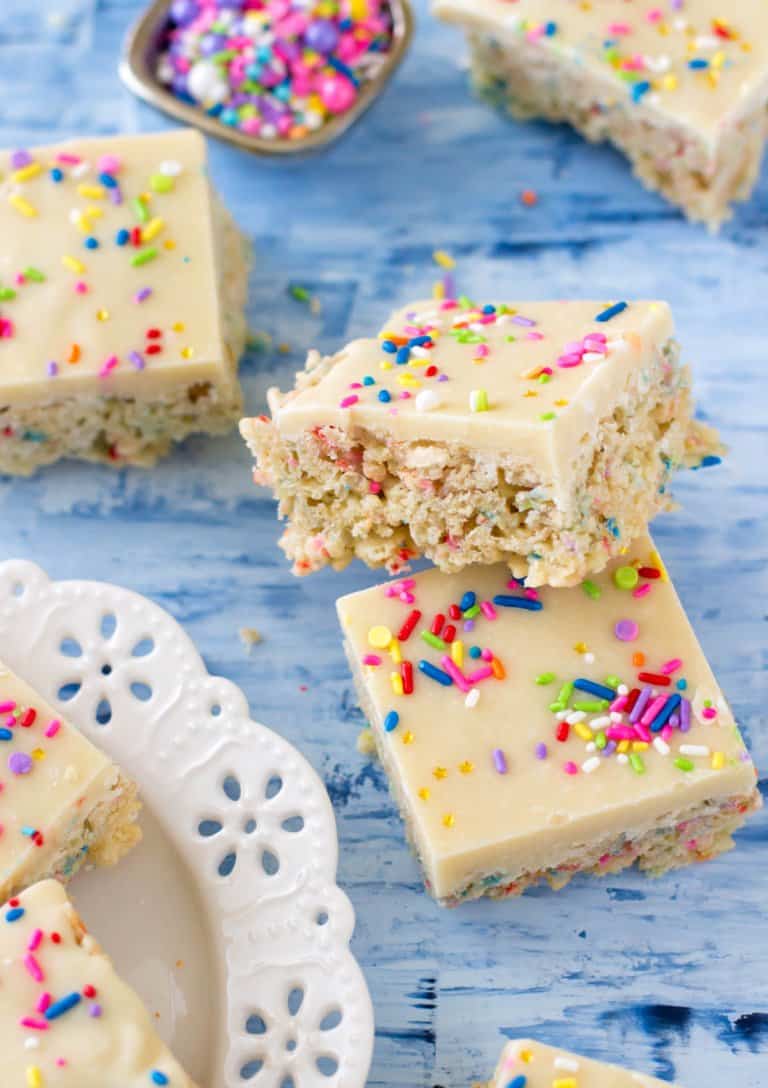 Cake Batter Rice Krispie Treats - Sugar Spun Run