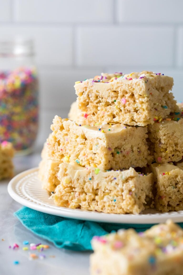 Cake Batter Rice Krispie Treats - Sugar Spun Run